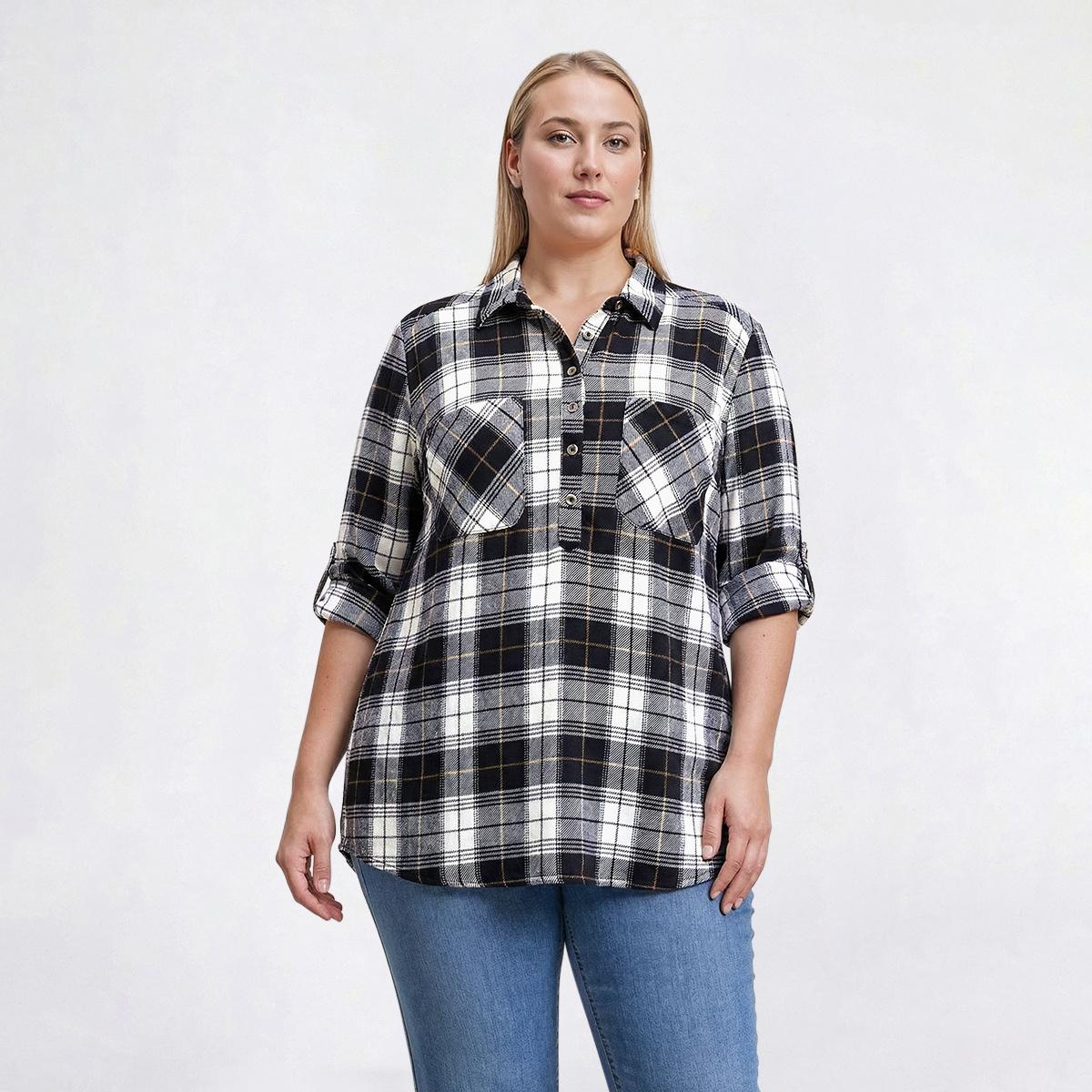 Click here for Plus Size New York Laundry Plaid Roll Tab Sleeve B... prices
